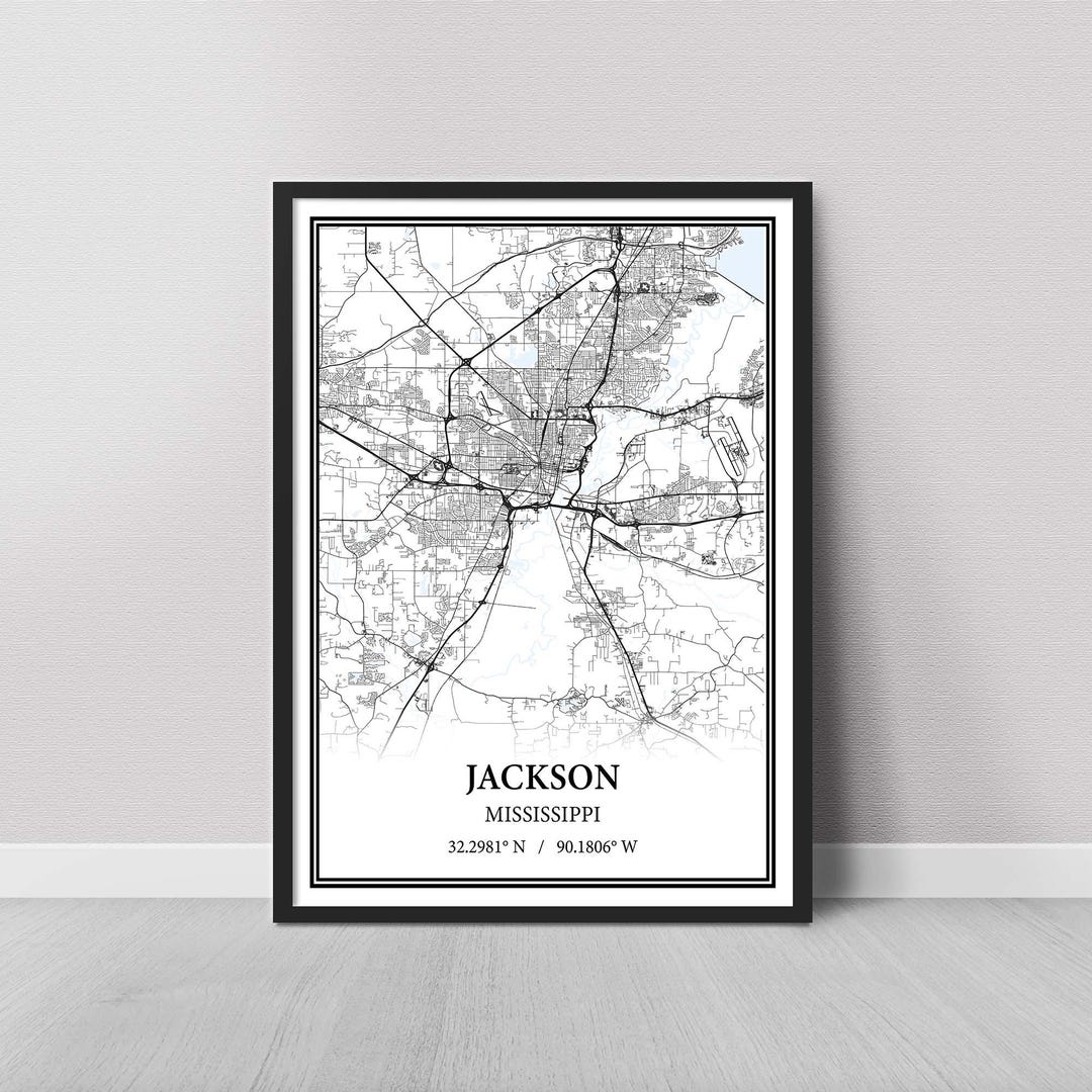 Jackson Mississippi Map Poster – Black and White Map Print, Canvas Wall ...