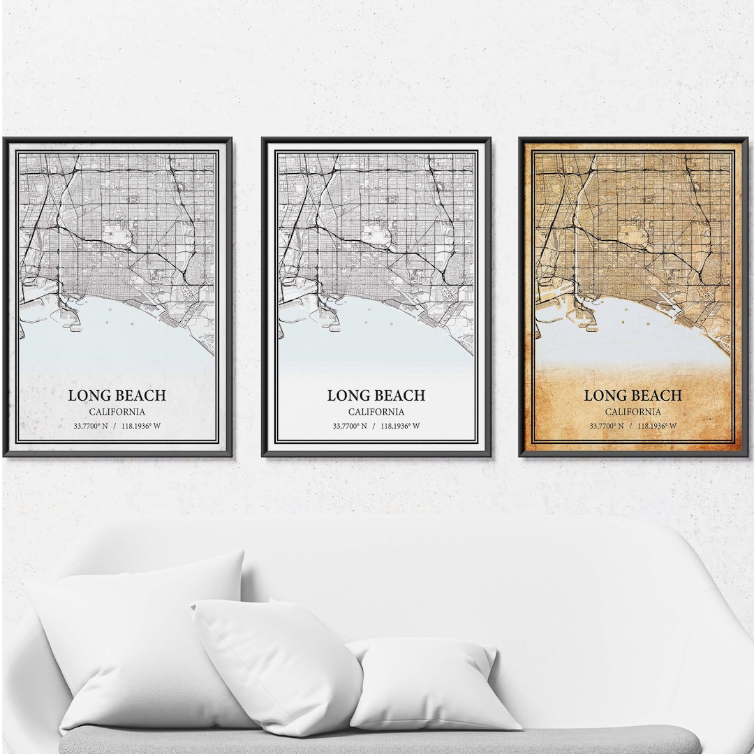 Long Beach California Map Poster Print Canvas, Modern or Vintage Road ...