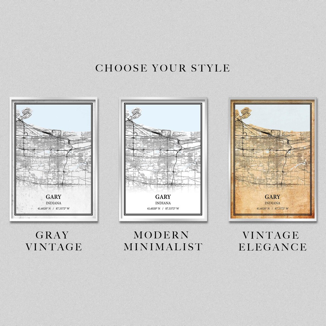 Gary, Indiana Map Poster Street & Road Map, Gray Vintage, Modern ...