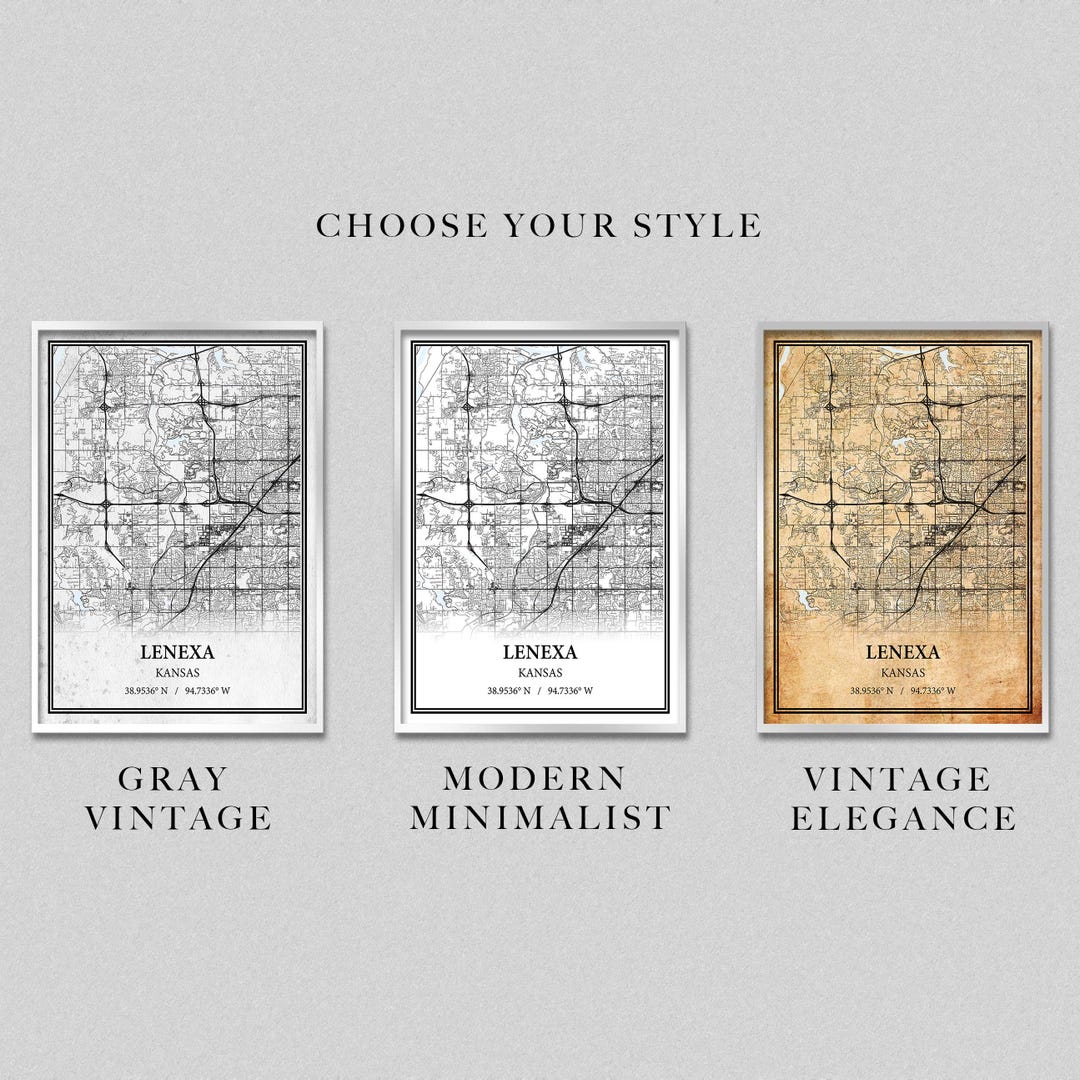 Lenexa, Kansas Map Poster Street & Road Map, Gray Vintage, Modern ...