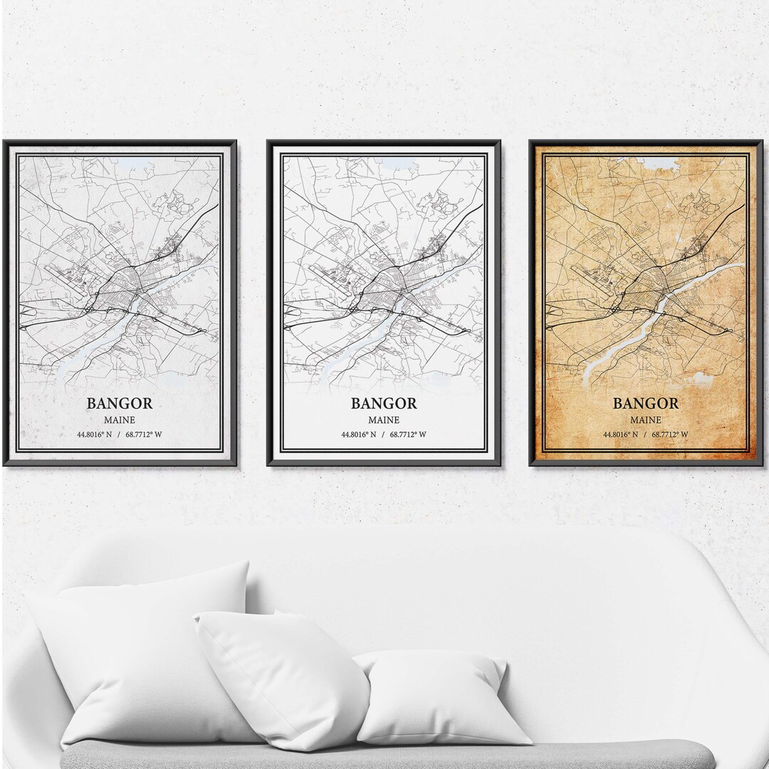 Bangor, Maine Map Poster – Street & Road Map, Gray Vintage, Modern ...