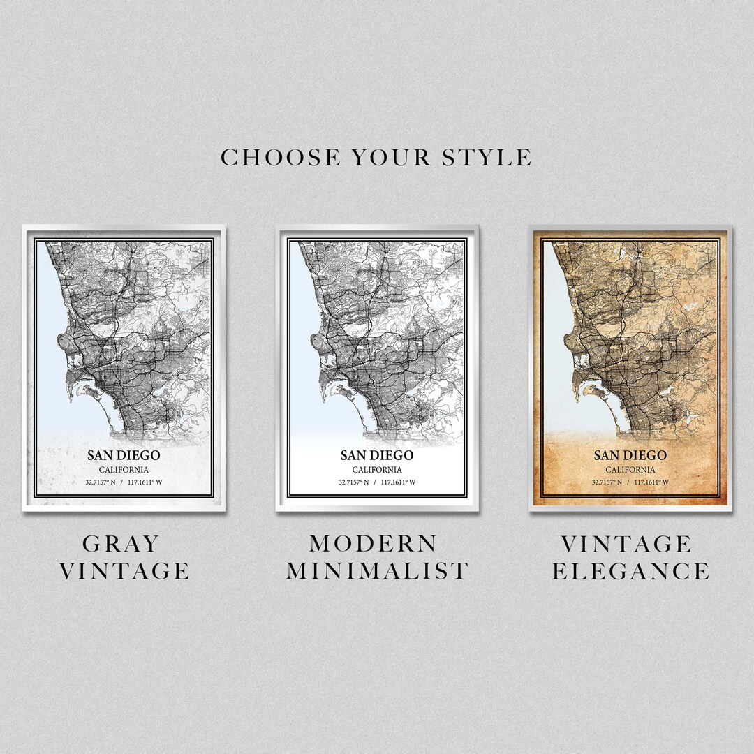 San Diego, California Map Poster Gray Vintage, Modern Minimalist, or ...