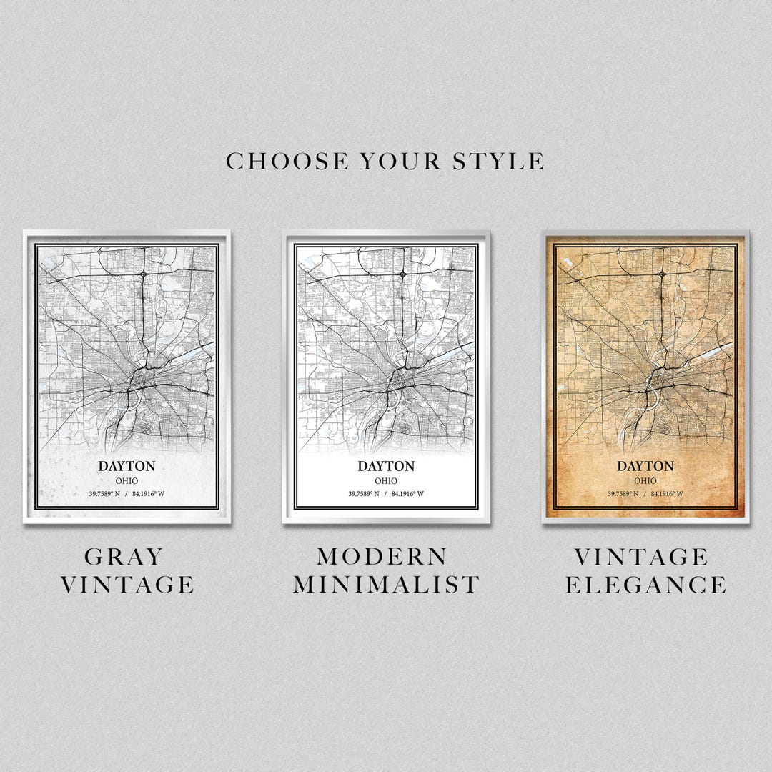 Dayton, Ohio Map Poster Street & Road Map, Gray Vintage, Modern ...