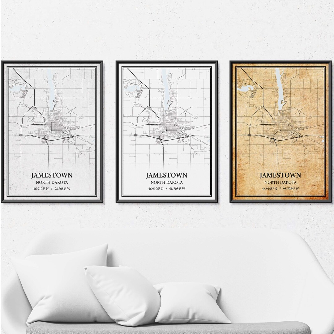 Jamestown North Dakota Map Poster Print Canvas, Modern or Vintage Road ...