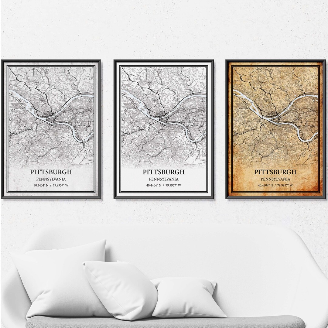 Pittsburgh Pennsylvania Map Poster Print Canvas, Modern or Vintage Road ...