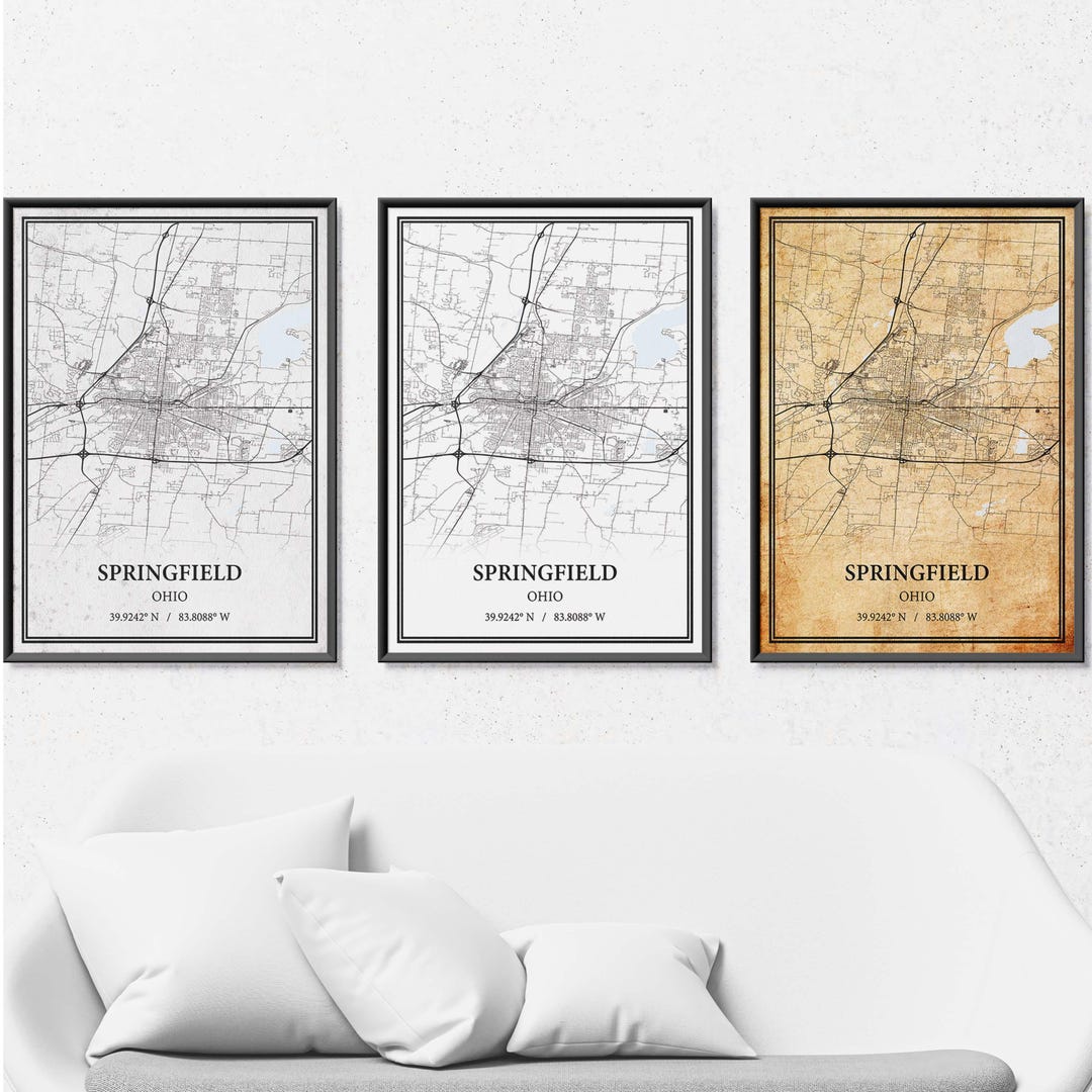 Springfield, Ohio Map Poster – Street & Road Map, Gray Vintage, Modern ...