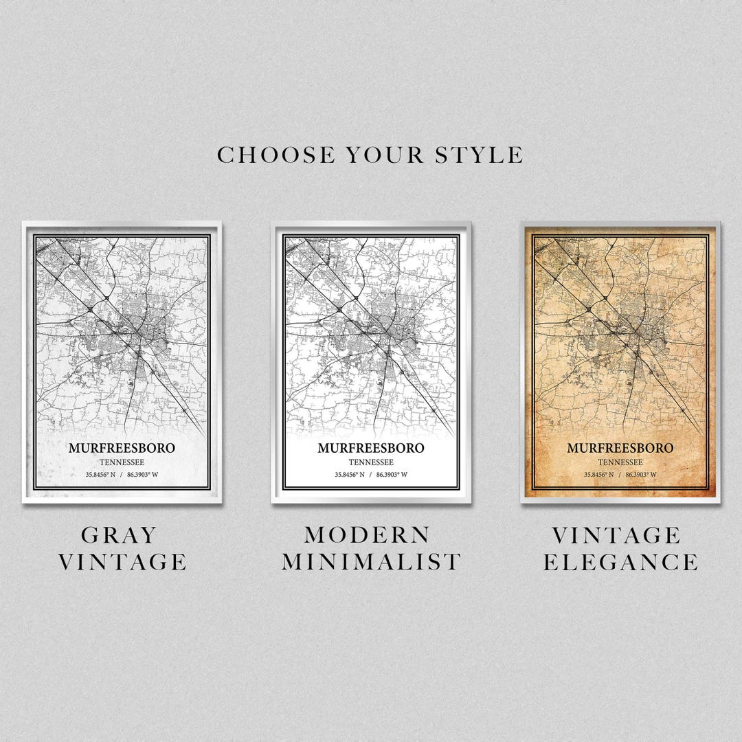 Murfreesboro Tennessee Map Poster Gray Vintage, Modern Minimalist, or ...