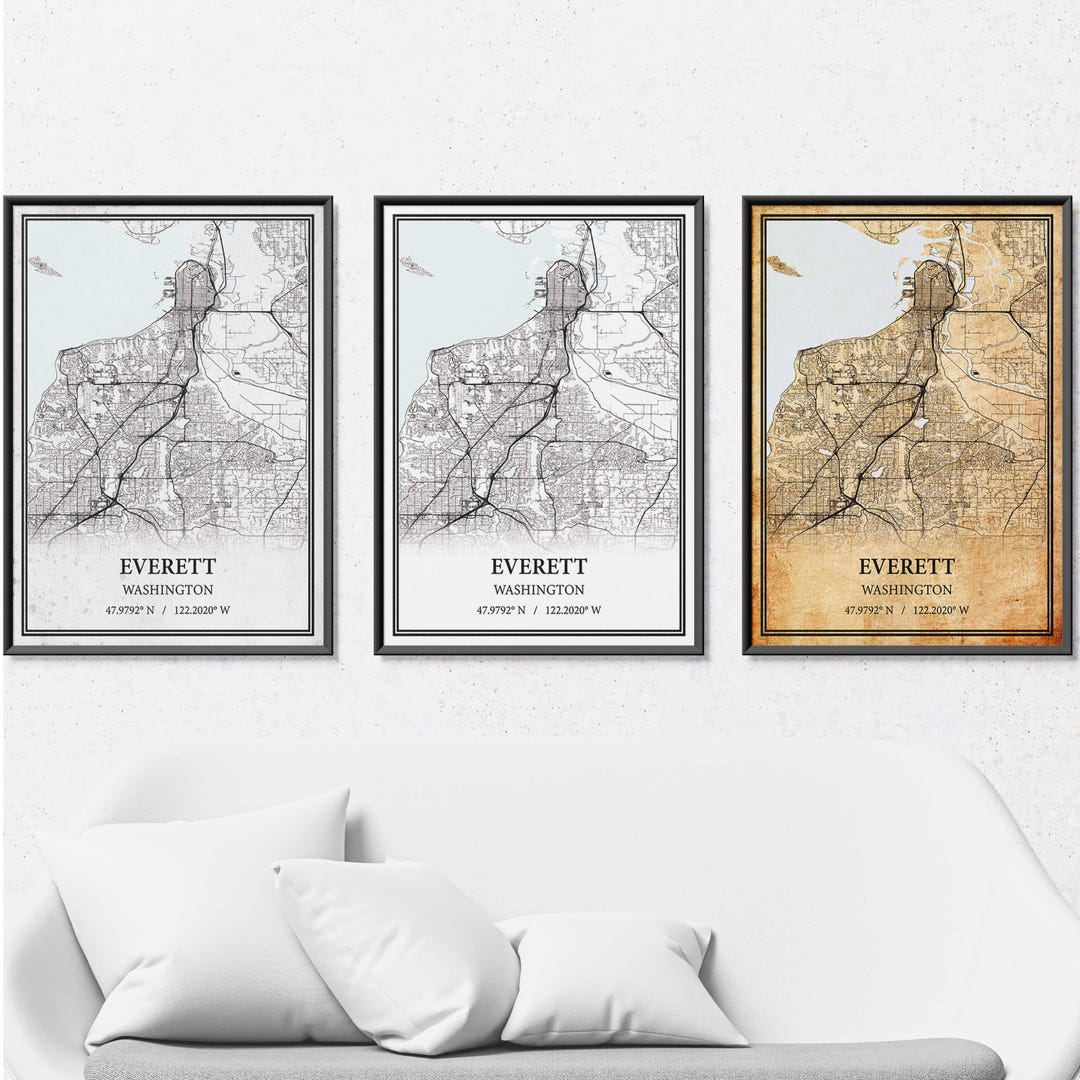 Everett Washington Map Poster Print Canvas, Modern or Vintage Road Map ...