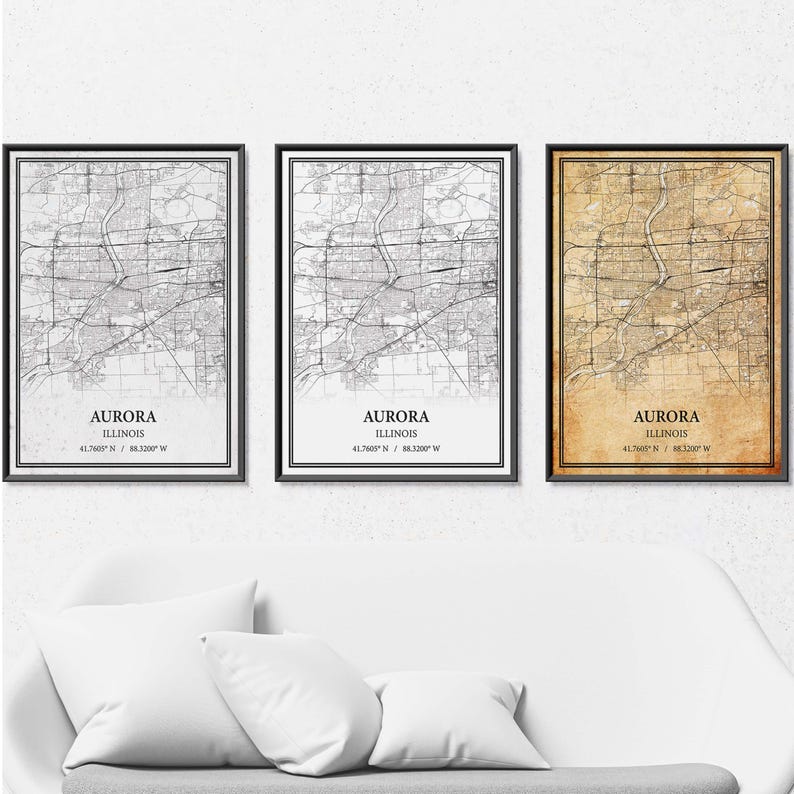 Aurora Illinois Map Poster – Black and White Map Print, Canvas Wall Art ...