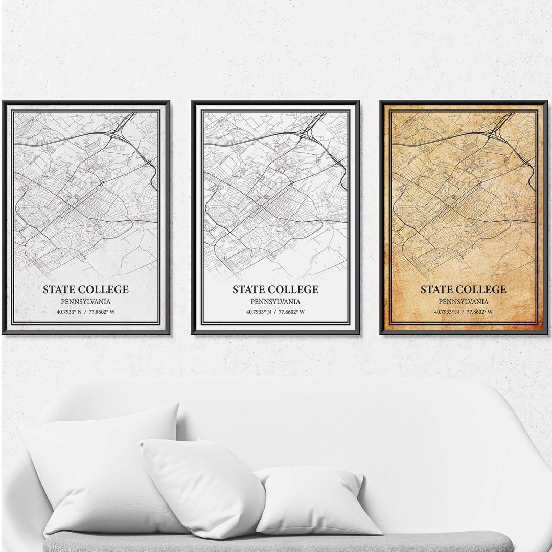 State College Pennsylvania Map Poster Print Canvas, Modern or Vintage ...