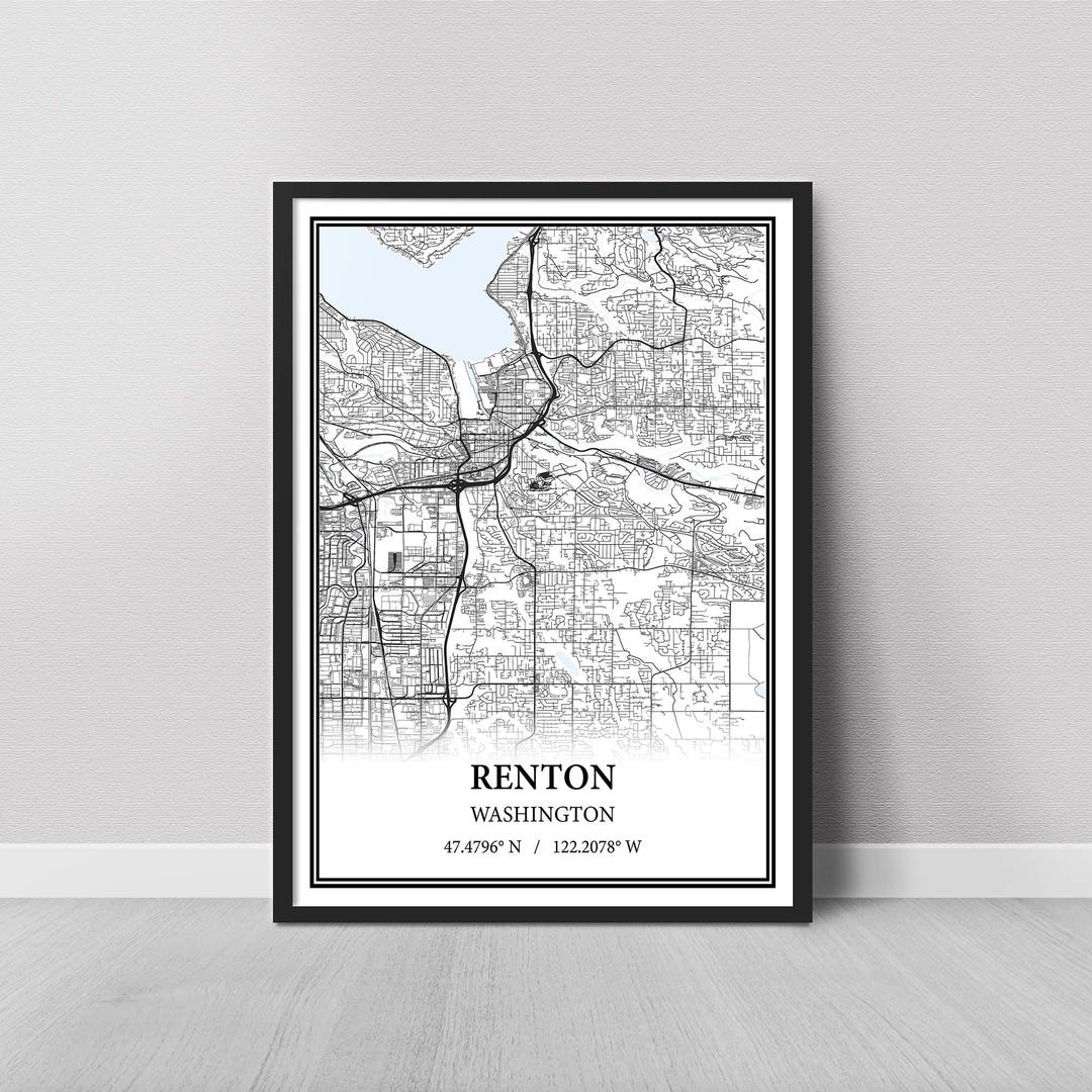 Renton Washington Map Poster – Black and White Map Print, Canvas Wall ...