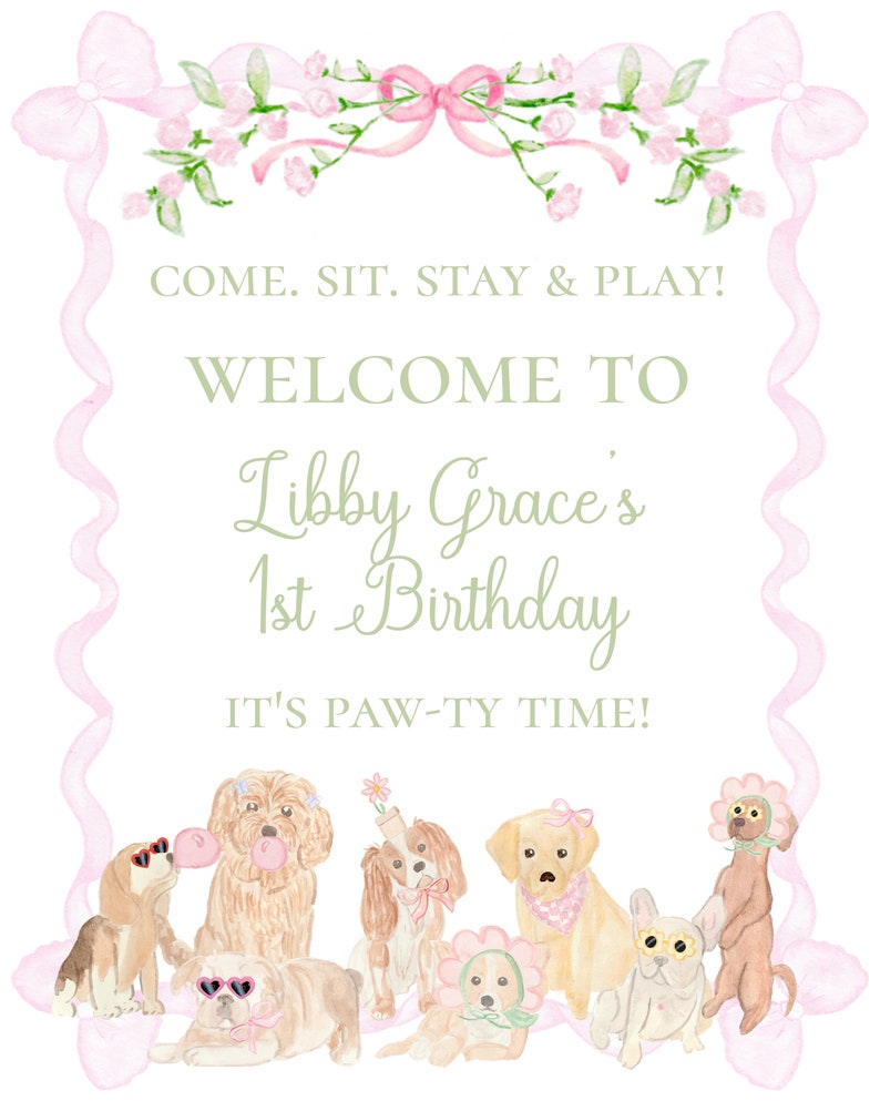 Preppy Watercolor Girl's Dog Party Welcome Sign - Etsy