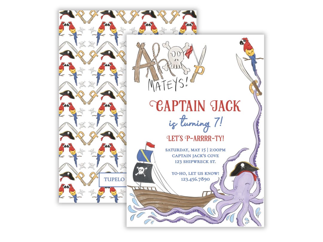 Watercolor Pirate Birthday Party Invitation | Preppy Pirate Party ...