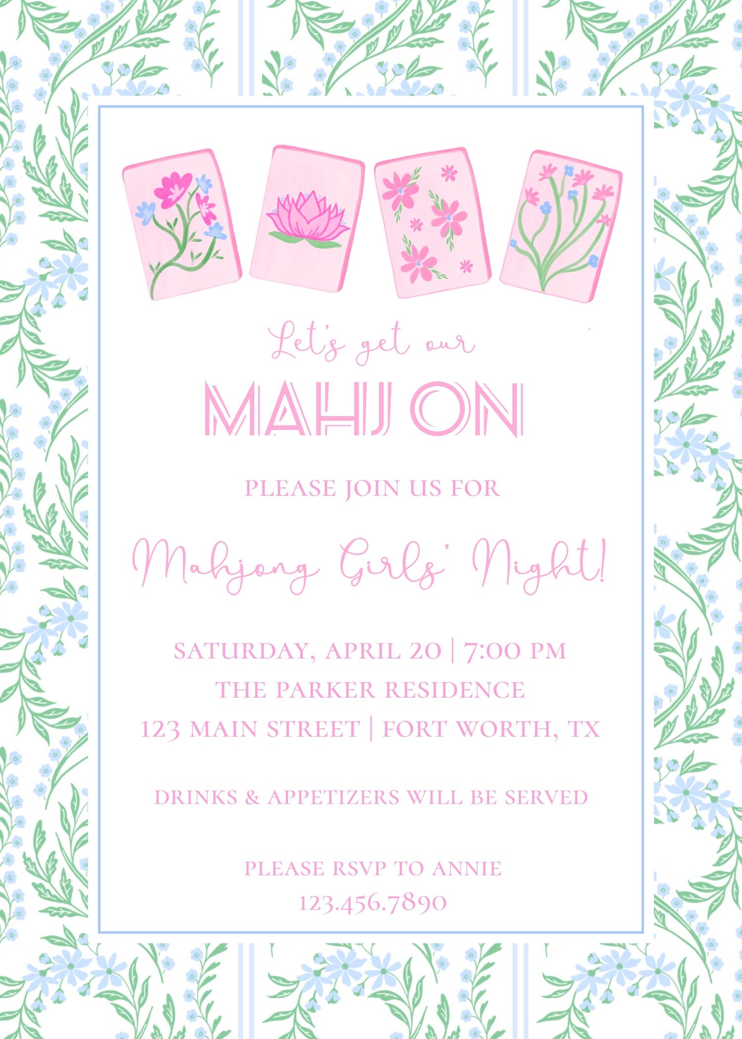 Watercolor Mahjong Party Invitation | Mahj on Party | Mahjong Lessons ...