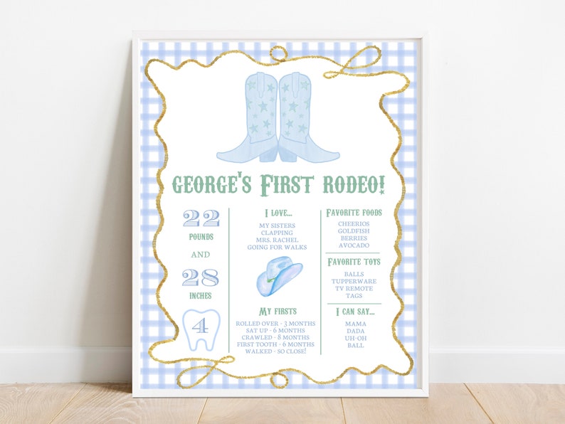 Preppy Boy's First Rodeo Milestone Sign My First Years Sign Watercolor ...