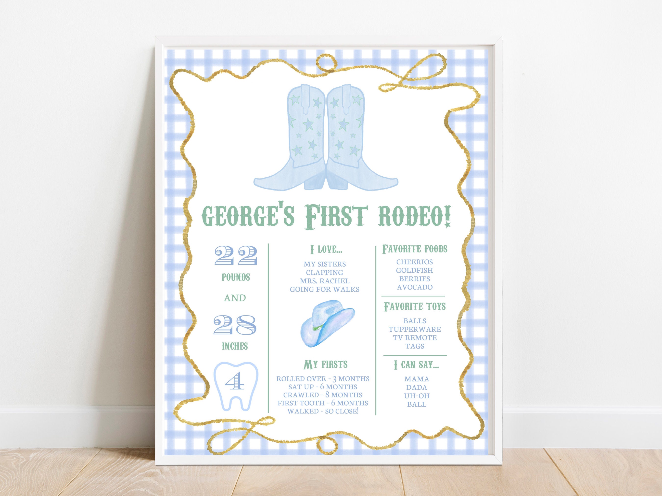 Preppy Boy's First Rodeo Milestone Sign My First Years Sign Watercolor ...