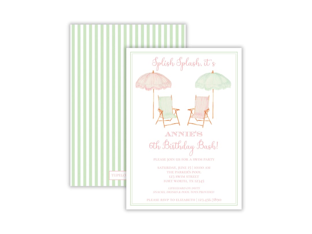 Watercolor Girl's Pool Party Invitation | Preppy Pool Party Invitation ...