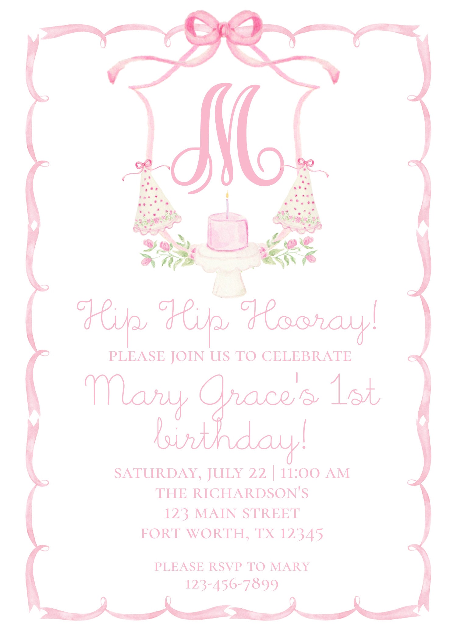 Watercolor Girl's Grandmillennial First Birthday Invitation | Classic ...