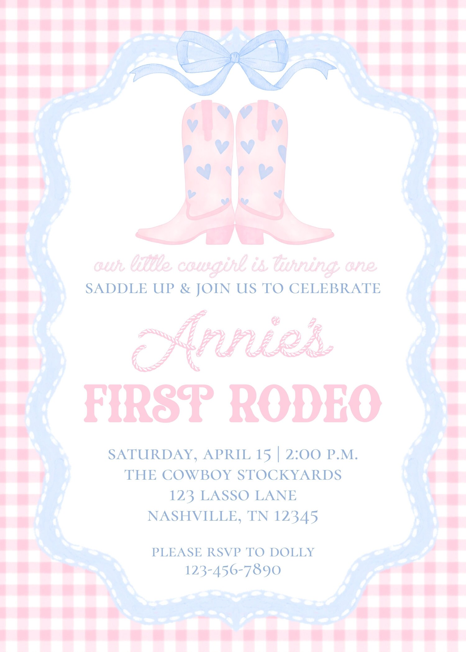 Preppy Girl's First Rodeo Birthday Party Invitation Watercolor First ...