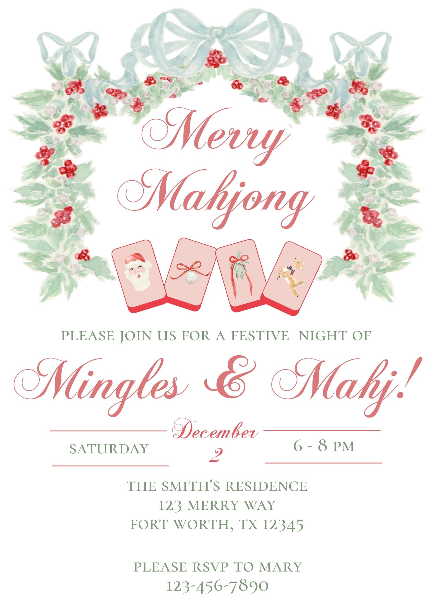 Watercolor Merry Mahjong Party Invitation | Christmas Mahjong Party ...