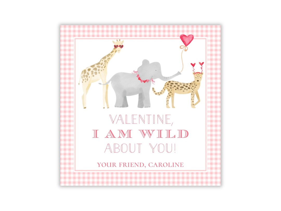 Watercolor Wild About You Valentine Tag | Girl Zoo Animals Valentine ...