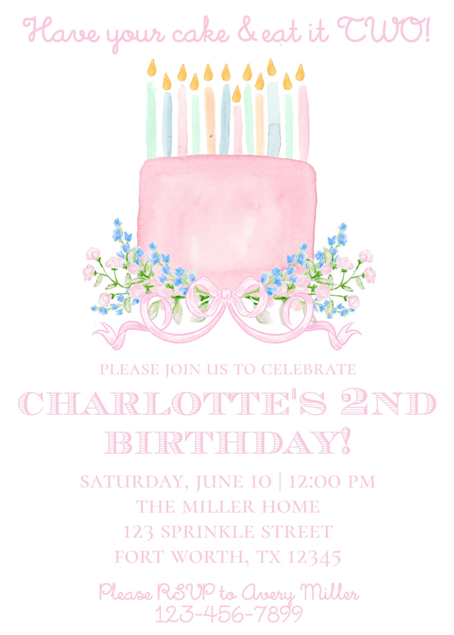 Watercolor Have Your Cake and Eat It Two Birthday Party Invitation Girl ...