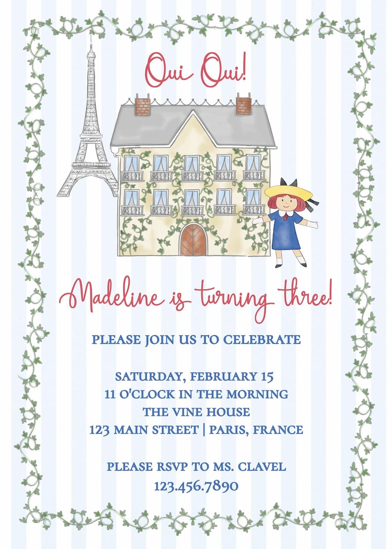 Watercolor Madeline Birthday Party Invitation | Oui Oui Turning Three ...