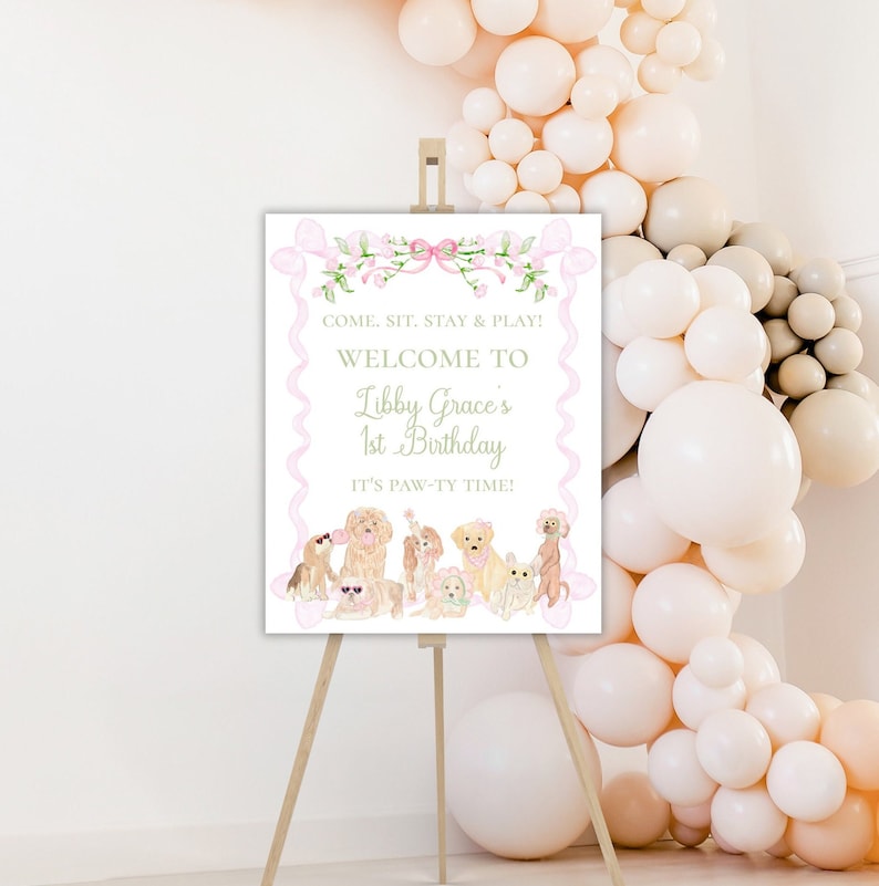 Preppy Watercolor Girl's Dog Party Welcome Sign - Etsy