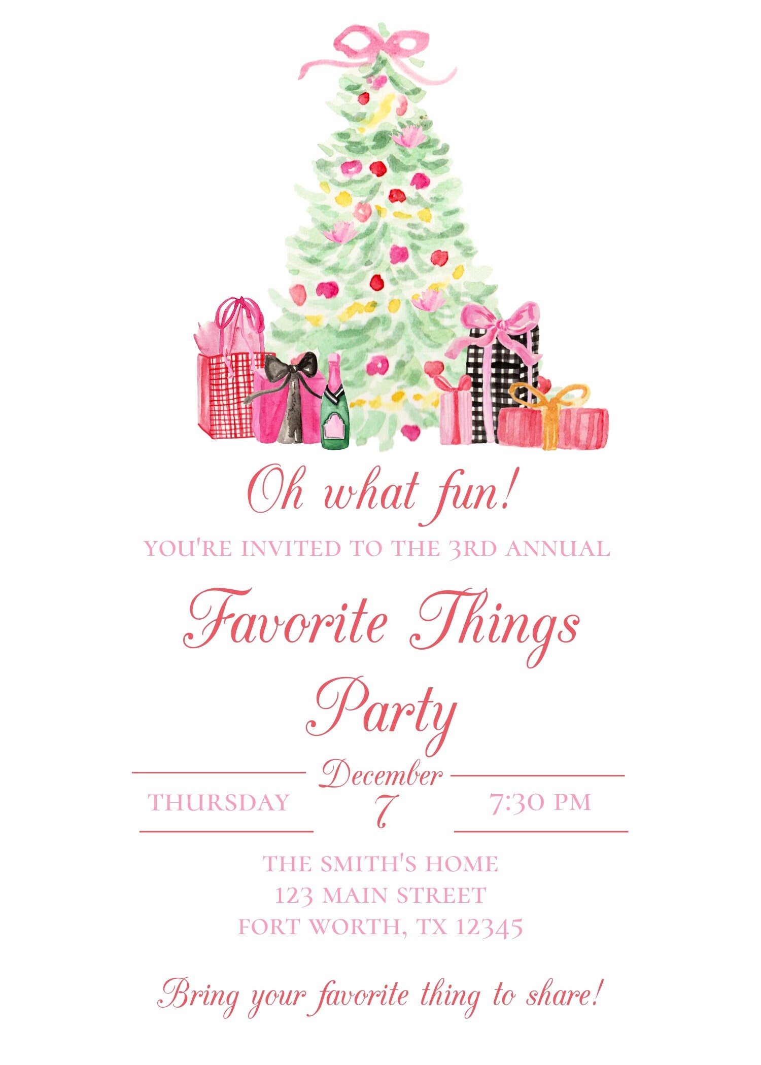 Watercolor Favorite Things Party Invitation | Preppy Favorite Things ...