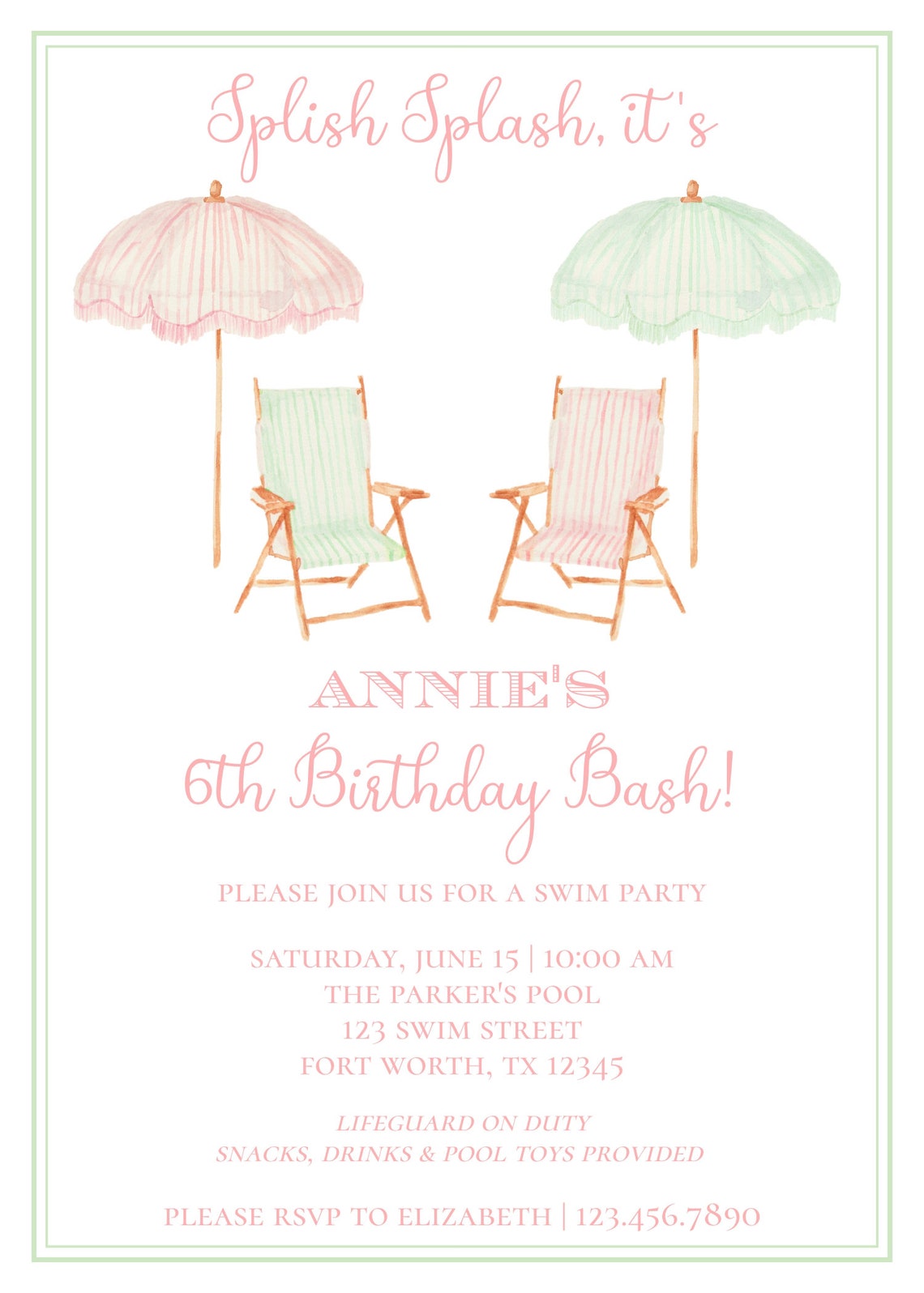 Watercolor Girl's Pool Party Invitation | Preppy Pool Party Invitation ...