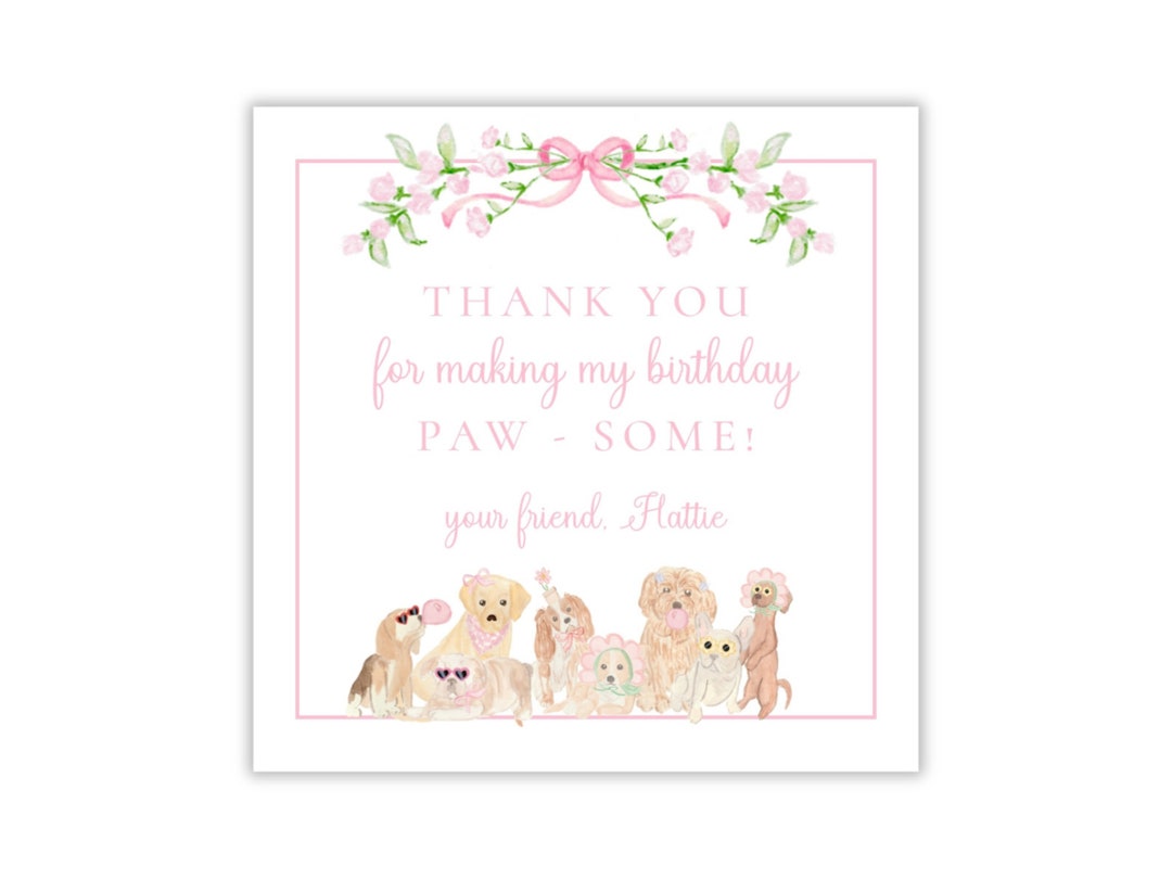 Watercolor Girl's Dog Party Favor Tag | Preppy Let's Pawty Thank You ...