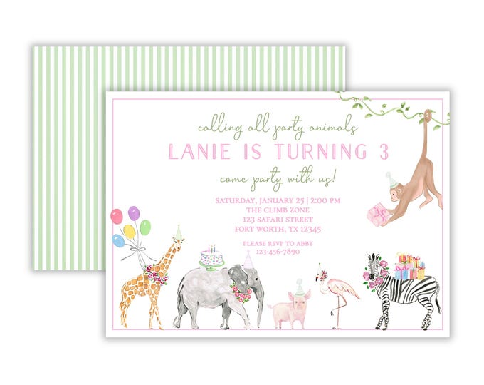 Watercolor Girl's Party Animal Birthday Party Invitation | Preppy Party ...