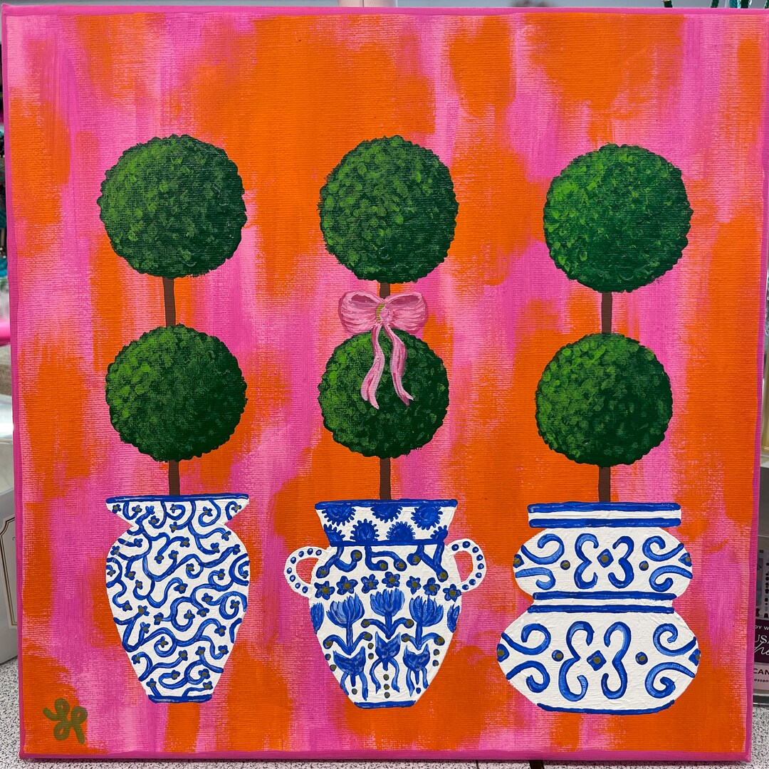 Hand Painted Topiary Ball Chinoiserie Vases Blue and White Decor Dorm ...