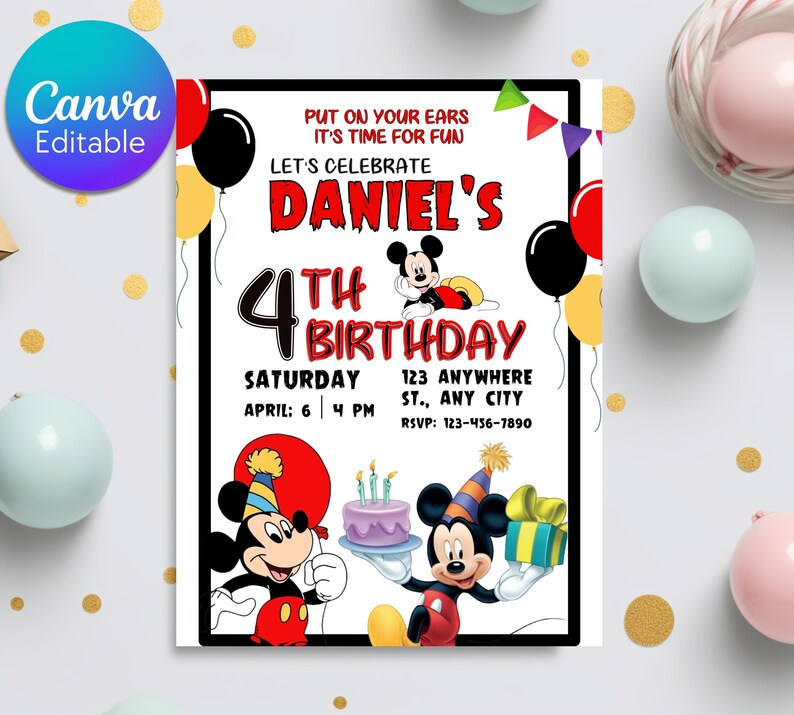 Editable Mickey Mouse Kids Birthday Invitation, Printable Kid Birthday ...