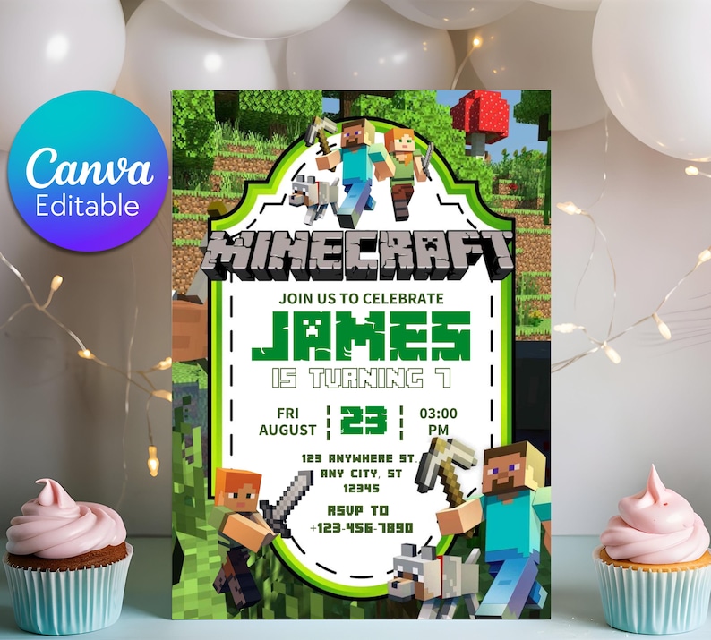 Editable Minecraft Kids Birthday Invitation, Minecraft Invite Template ...