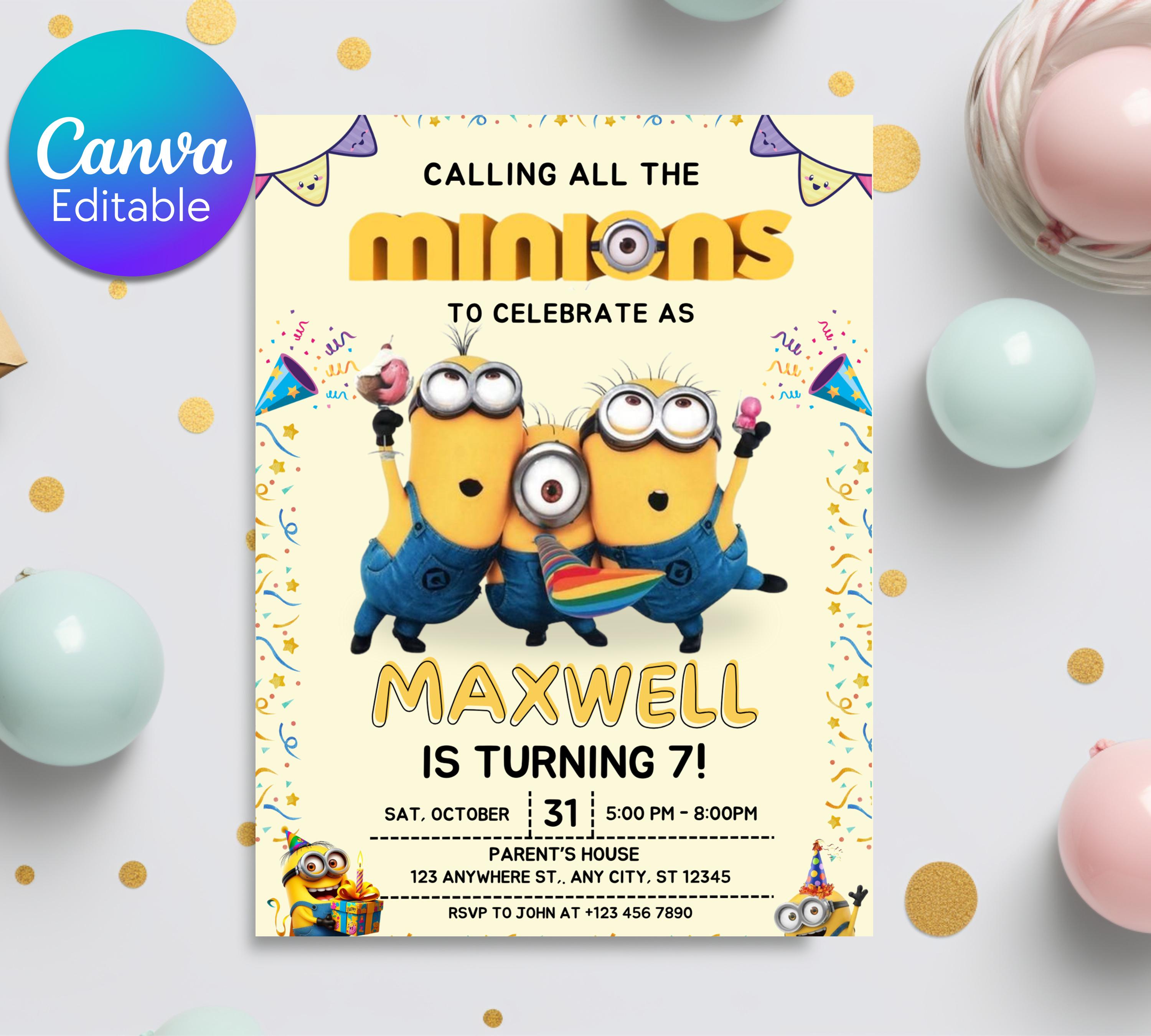 Editable Yellow Minions Birthday Invitation, Editable Minion Birthday ...