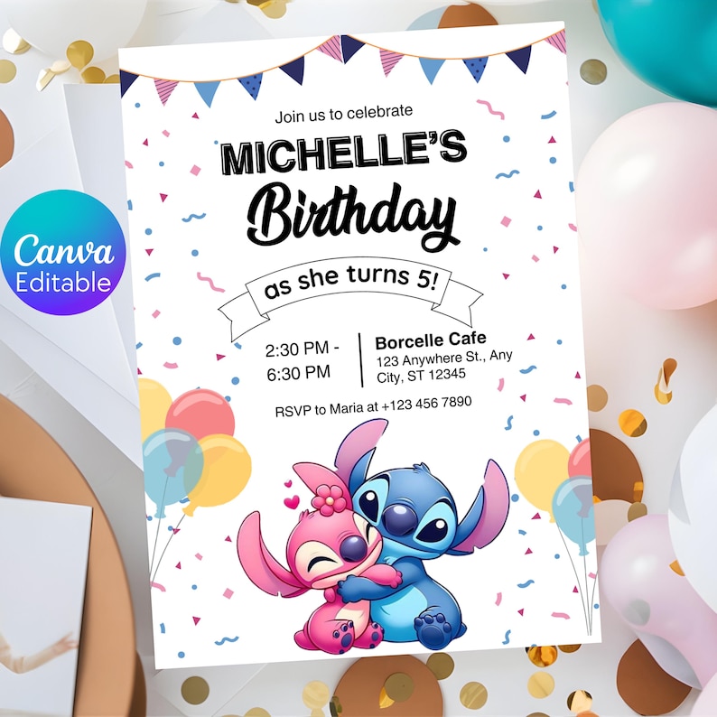 Editable Stitch Girls Birthday Invitation, Stitch Birthday Invitation ...