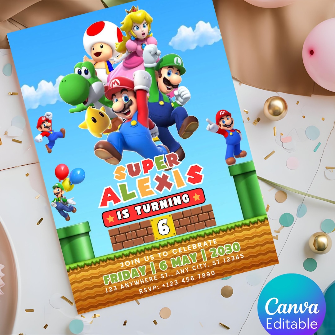 Invitación de cumpleaños de Super Mario, invitación para niño de Super ...