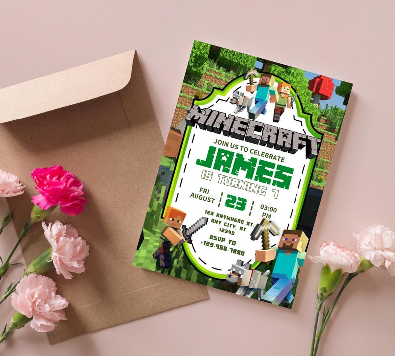 Editable Minecraft Kids Birthday Invitation, Minecraft Invite Template ...