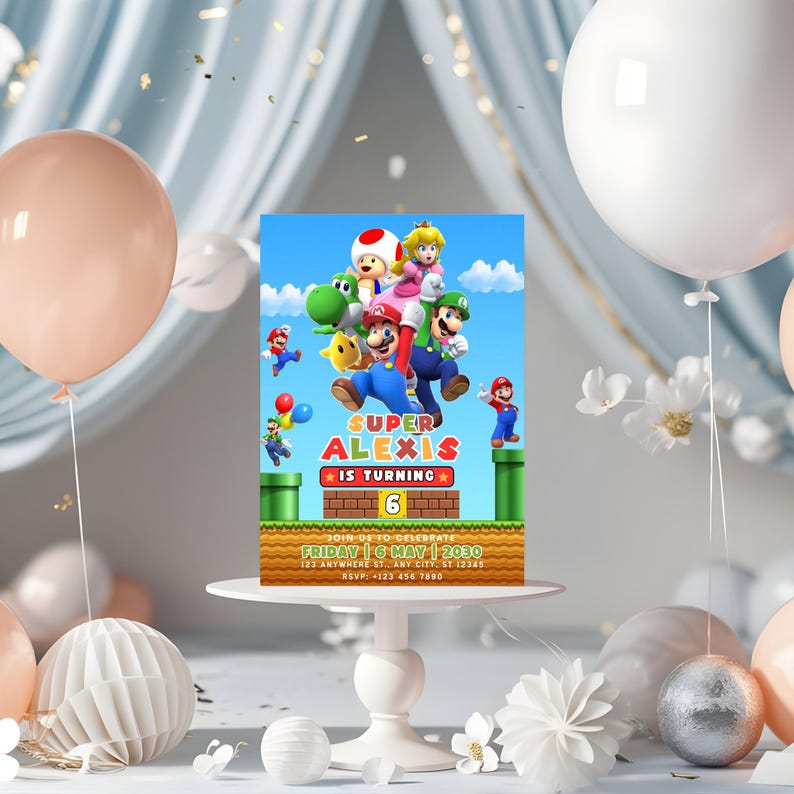 Super Mario Birthday Invitation, Super Brothers Boy Invite, Video Game ...