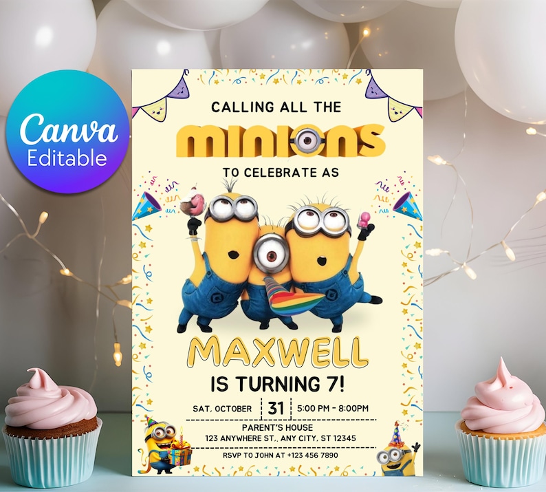 Editable Yellow Minions Birthday Invitation, Editable Minion Birthday ...