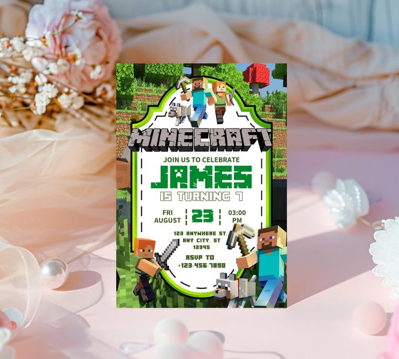 Editable Minecraft Kids Birthday Invitation, Minecraft Invite Template ...
