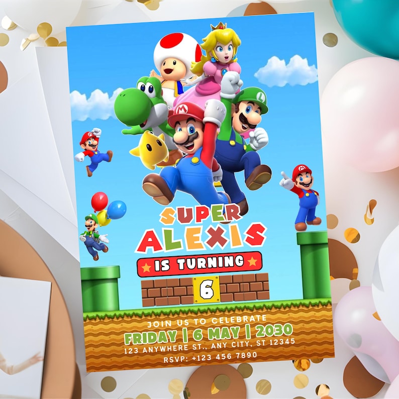 Super Mario Birthday Invitation, Editable Kids Party Invite (digital ...