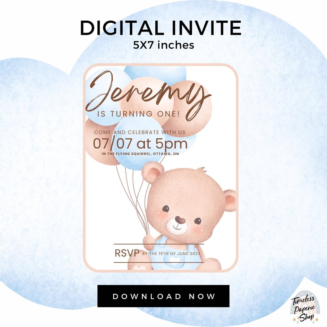 Minimalist and Modern Teddy Bear Invite, Editable Template for Baby ...