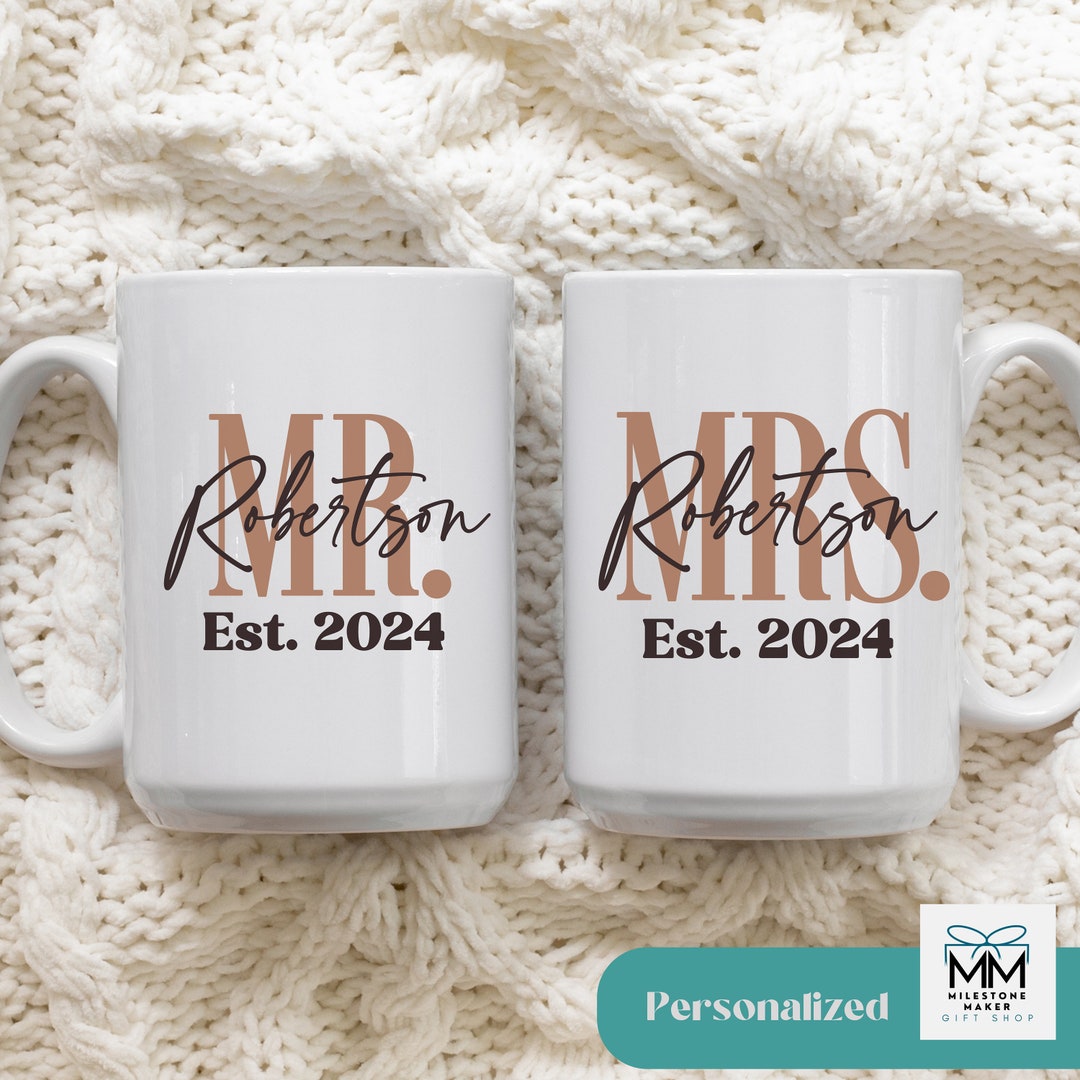 Personalized Bride and Groom Mugs With Wedding Date, Mr and Mrs Mug Set ...