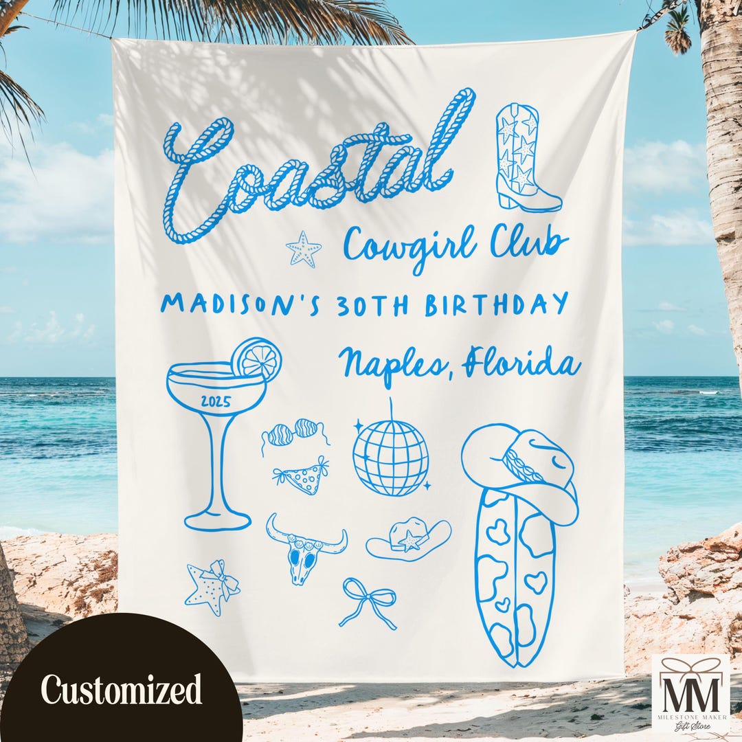 Custom Coastal Cowgirl Beach Birthday Banner, Birthday Decor, Birthday ...