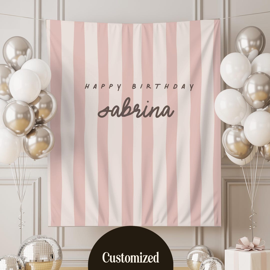 Custom Girls Preppy Pink Stripe Birthday Banner, Happy Birthday Party ...