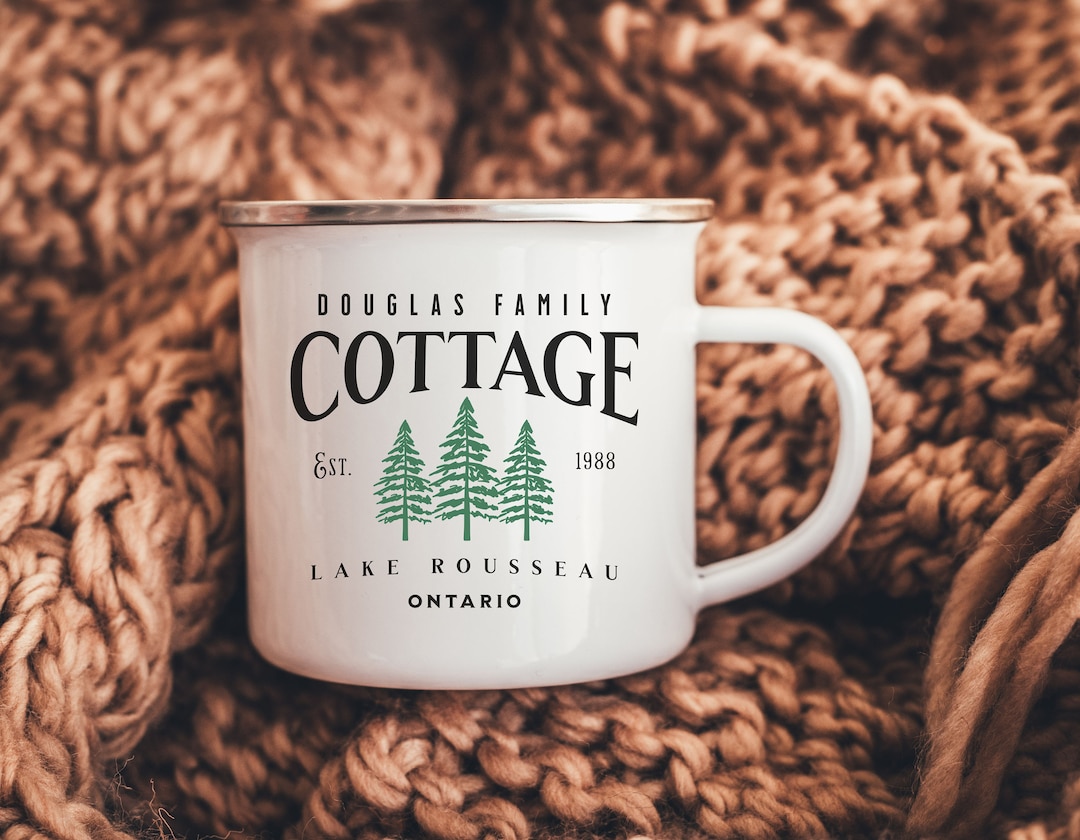Customizable Family Cottage Enamel Mug, Personalized Lake House Gift ...