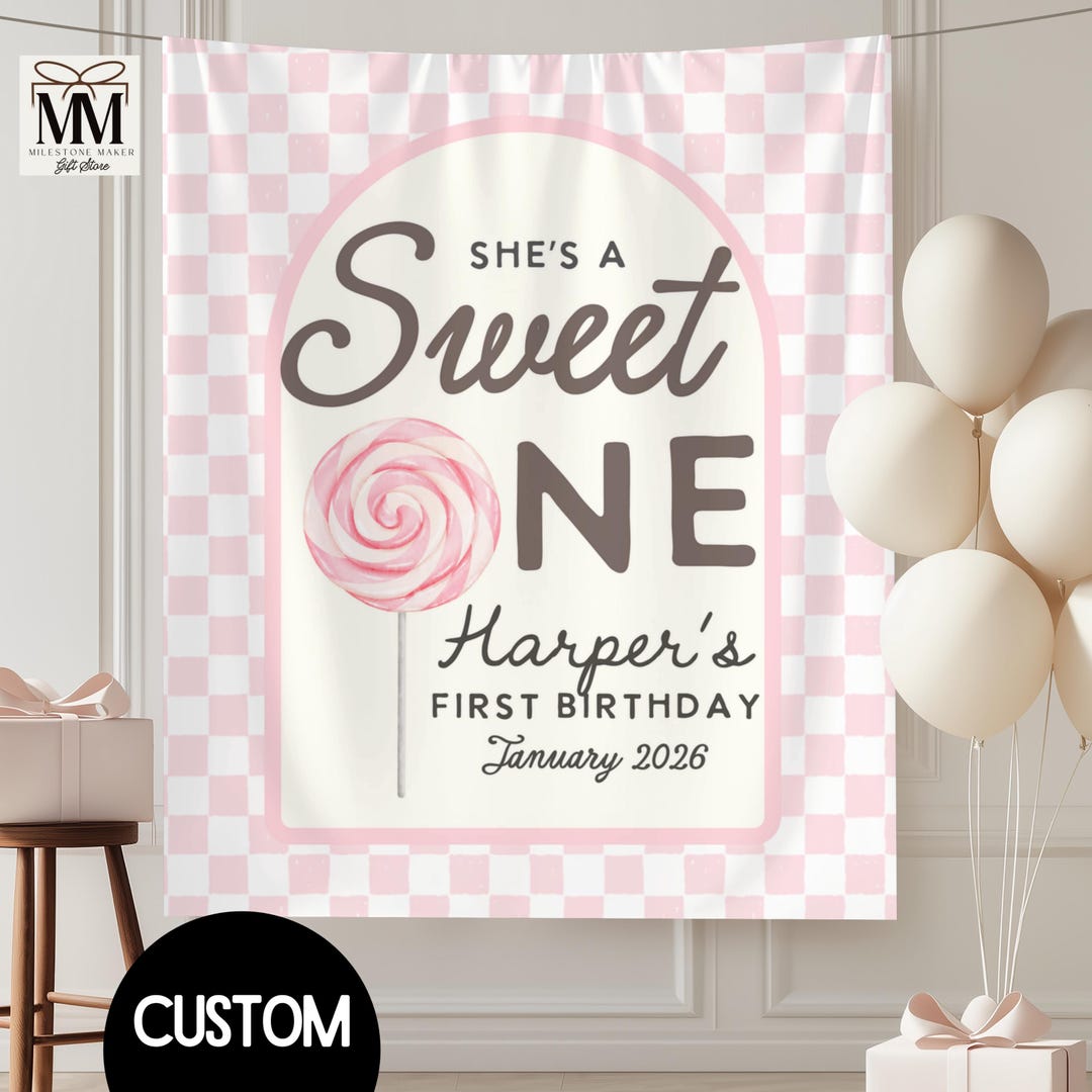 Custom She's A Sweet One First Birthday Banner, Girls Pink Gingham ...