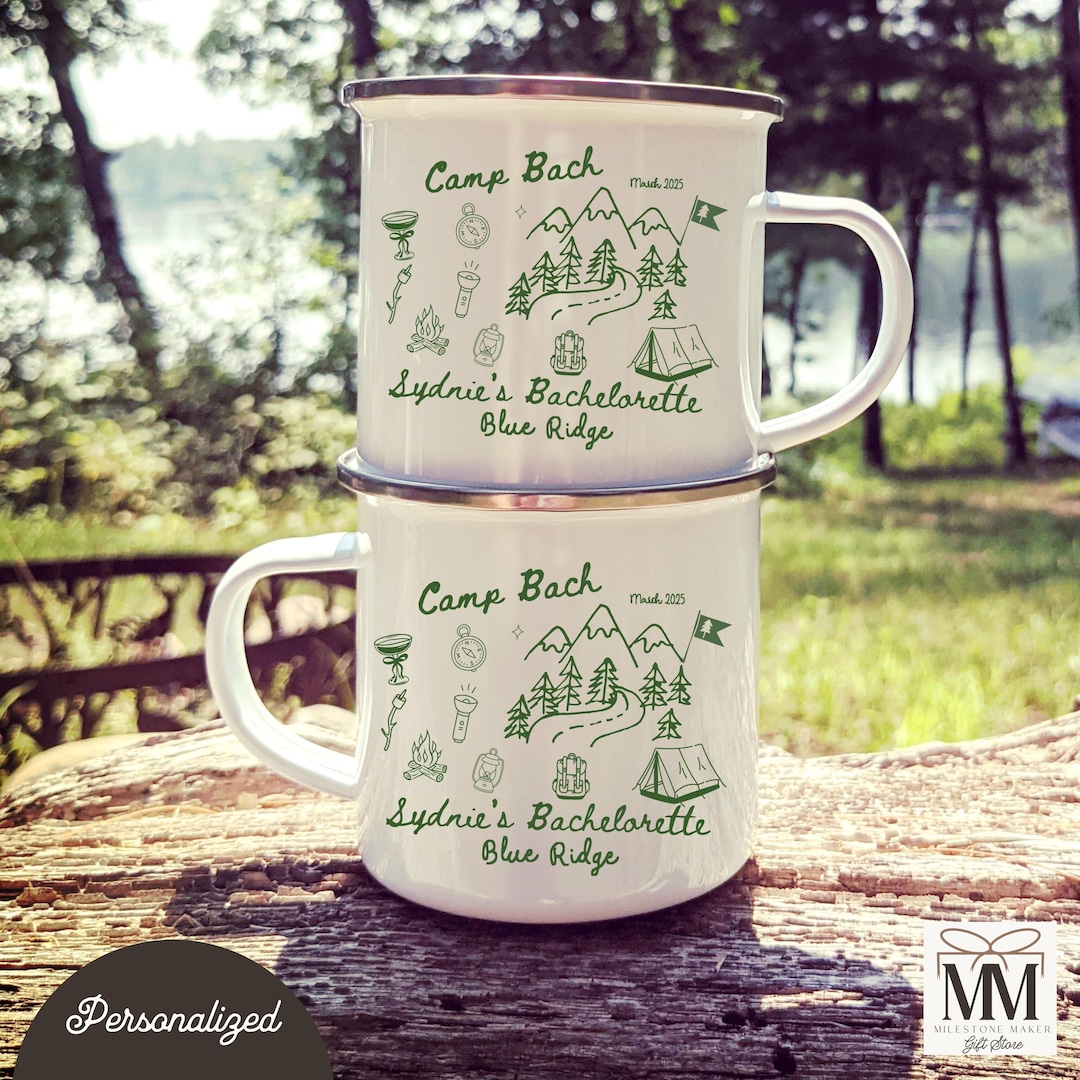 Custom Camp Bachelorette Enamel Mug, Custom Camping Theme Bachelorette Party, Lake Tahoe Bach ...